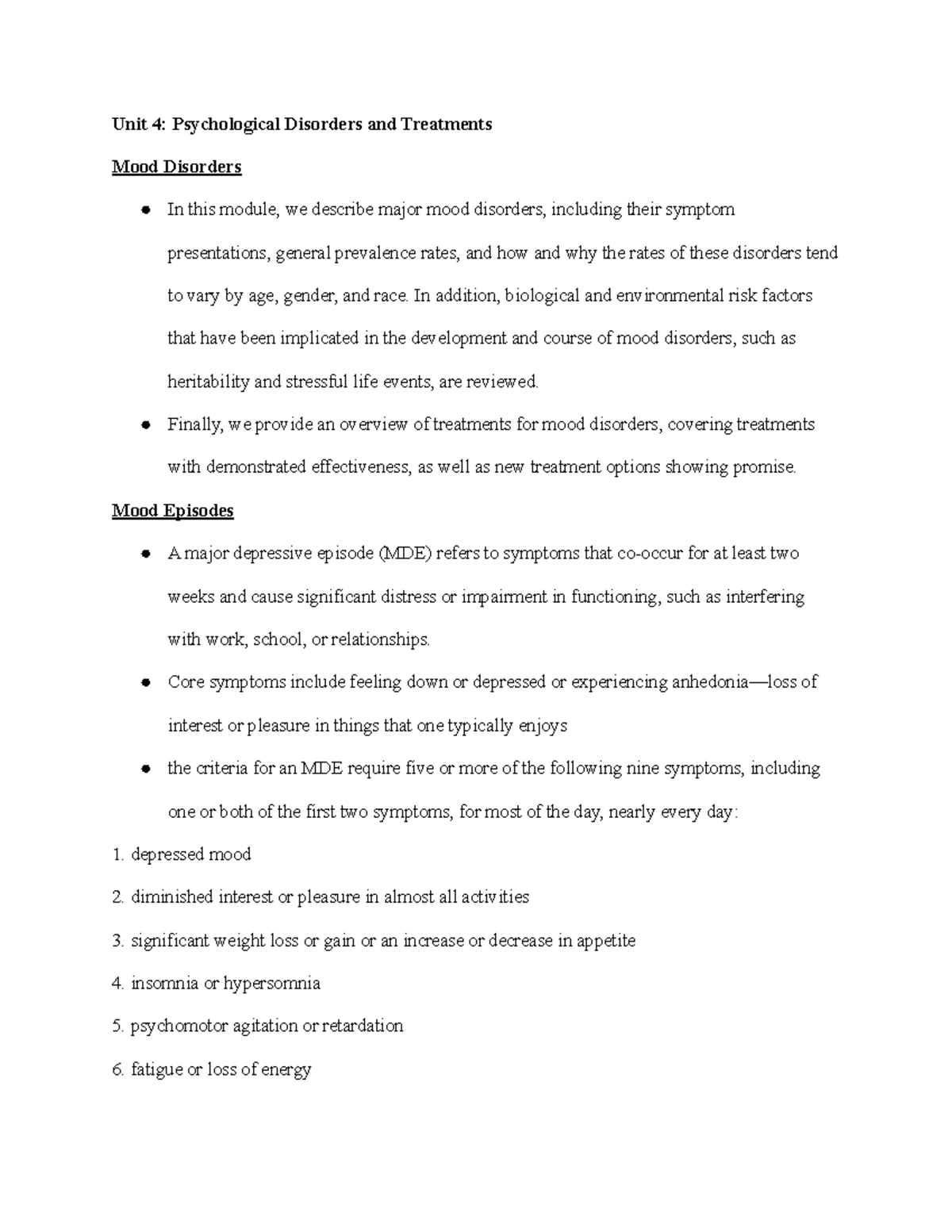 Unit 4 - Mood Disorders and Treatments Overview - Studocu