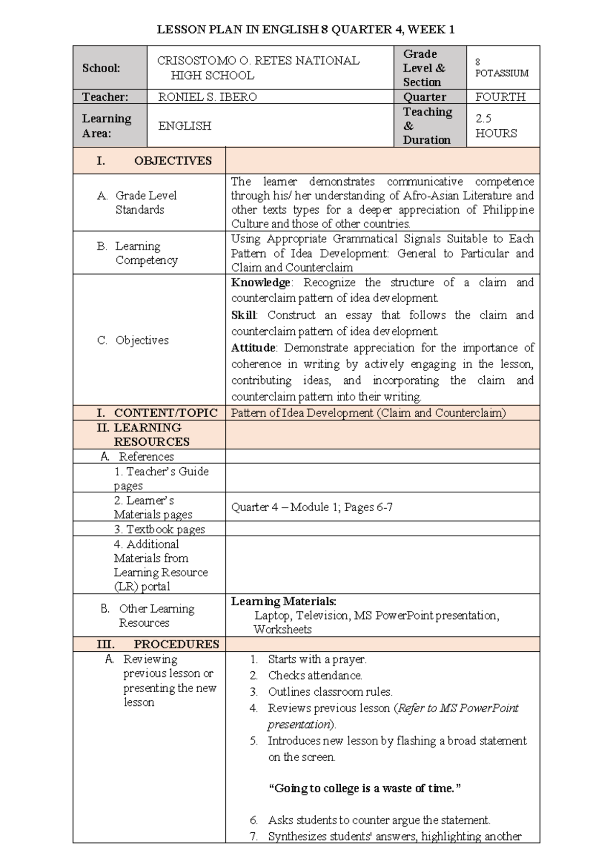 Grade 8 LP (Claim and Counterclaim) - Copy - Copy - LESSON PLAN IN ...