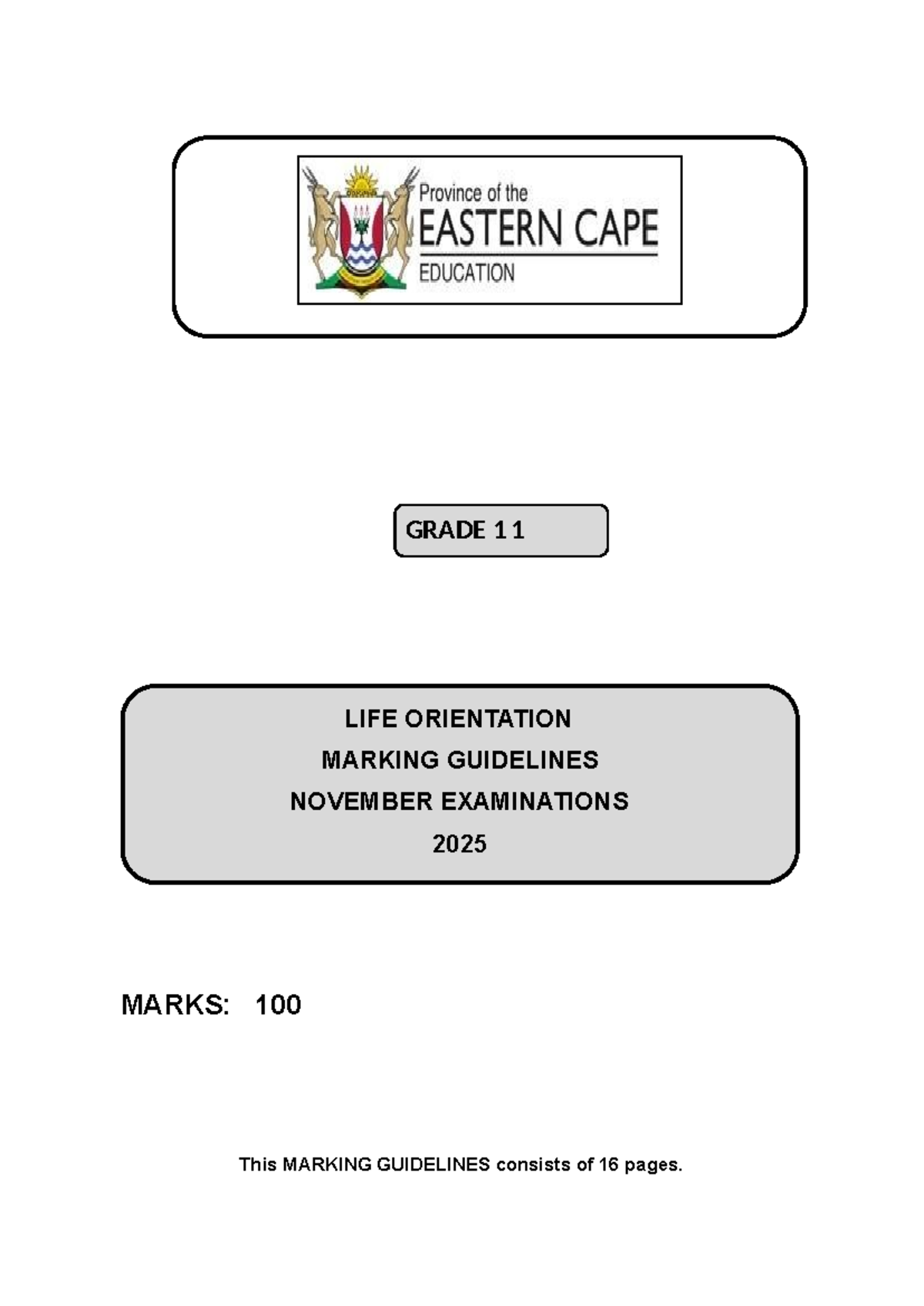 LO GR 11 Life Orientation Marking Guidelines November Exams 2025 - Studocu