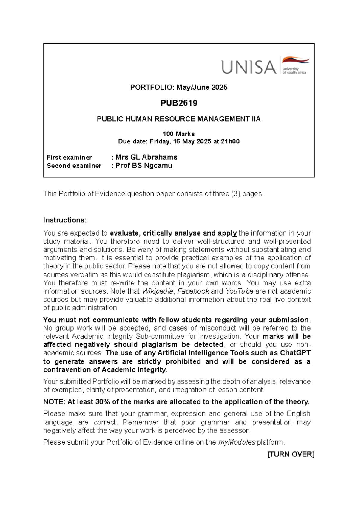 PUB2619 Portfolio: Public Human Resource Management II - 100 Marks ...