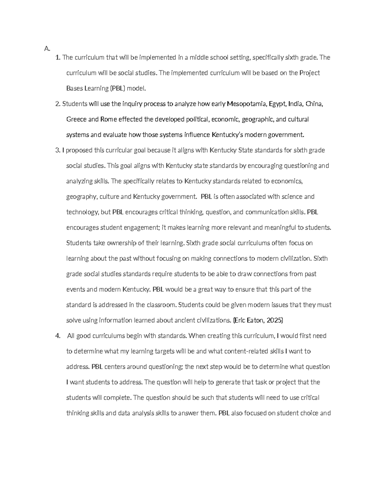 D631 Assignment One: PBL Curriculum for 6th Grade Social Studies - Studocu