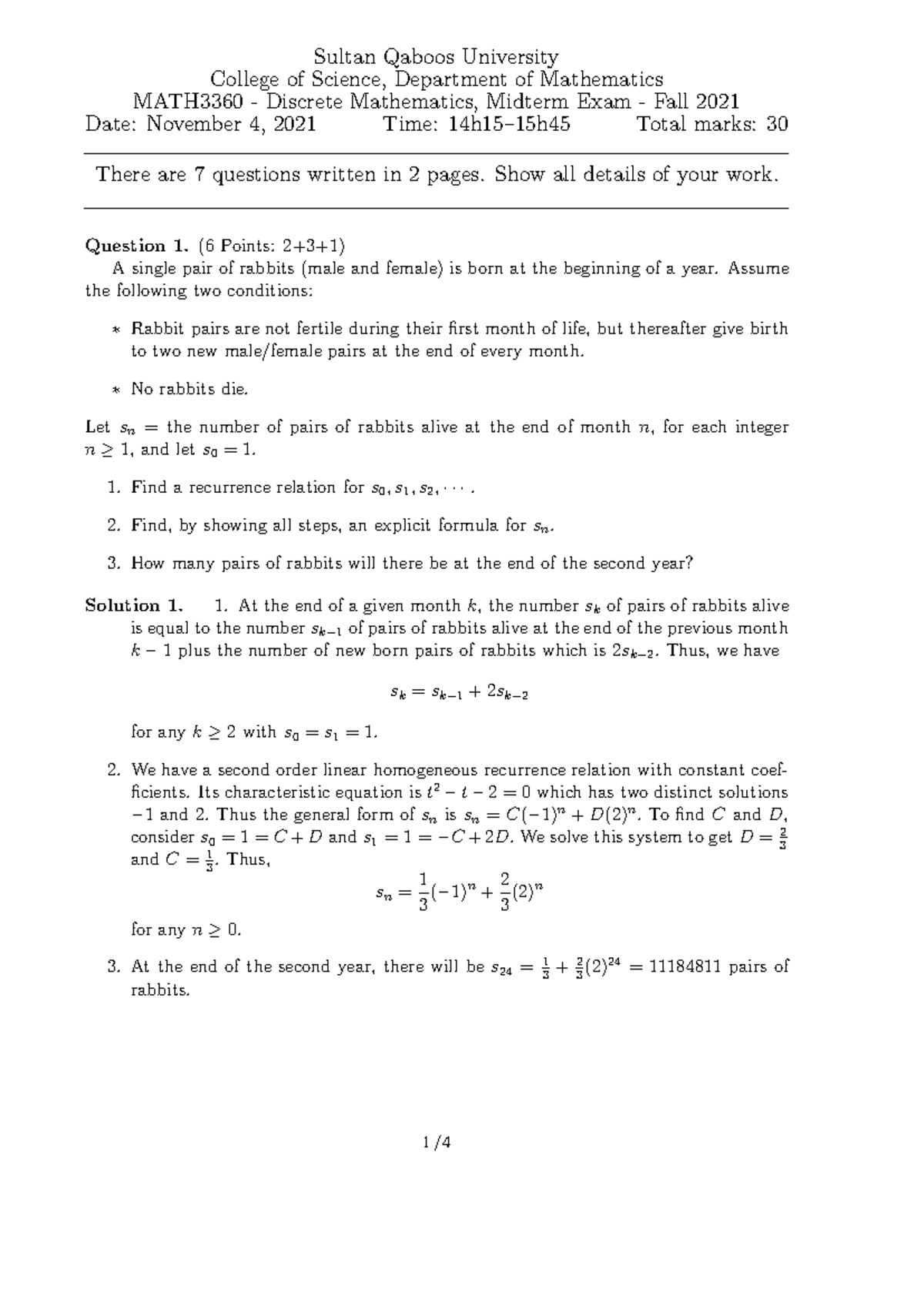 MATH3360 Discrete Mathematics Midterm Exam Solutions Fall 2021 - Studocu
