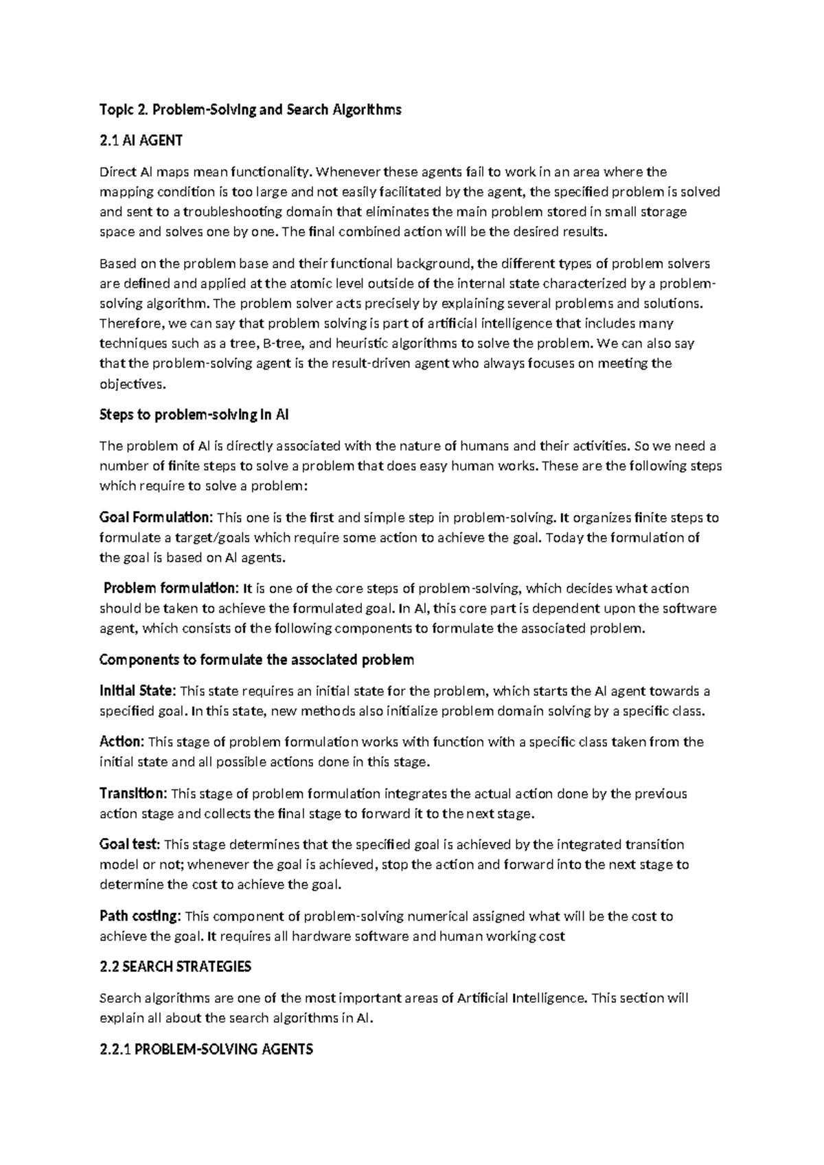 AI 101: Topic 2 - Problem Solving & Search Algorithms - Studocu