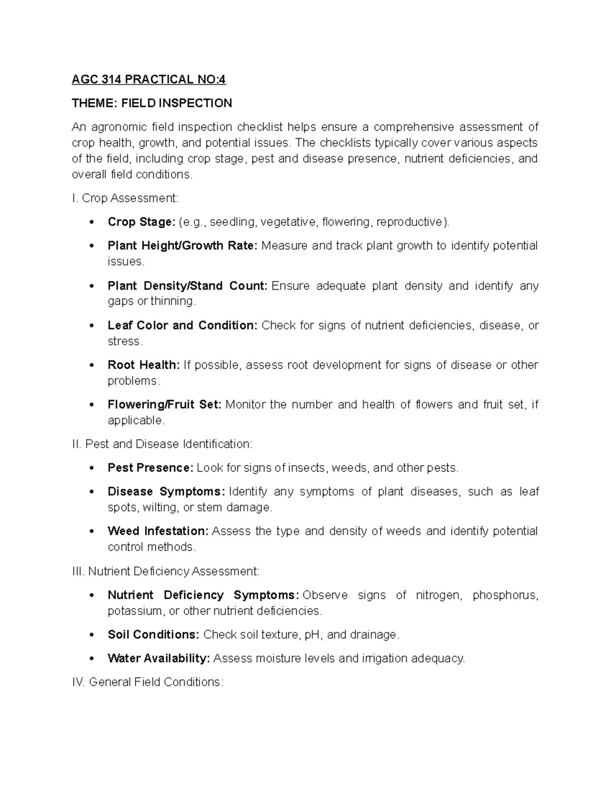 AGC 314 Practical No. 4: Field Inspection Checklist for Crop Health ...