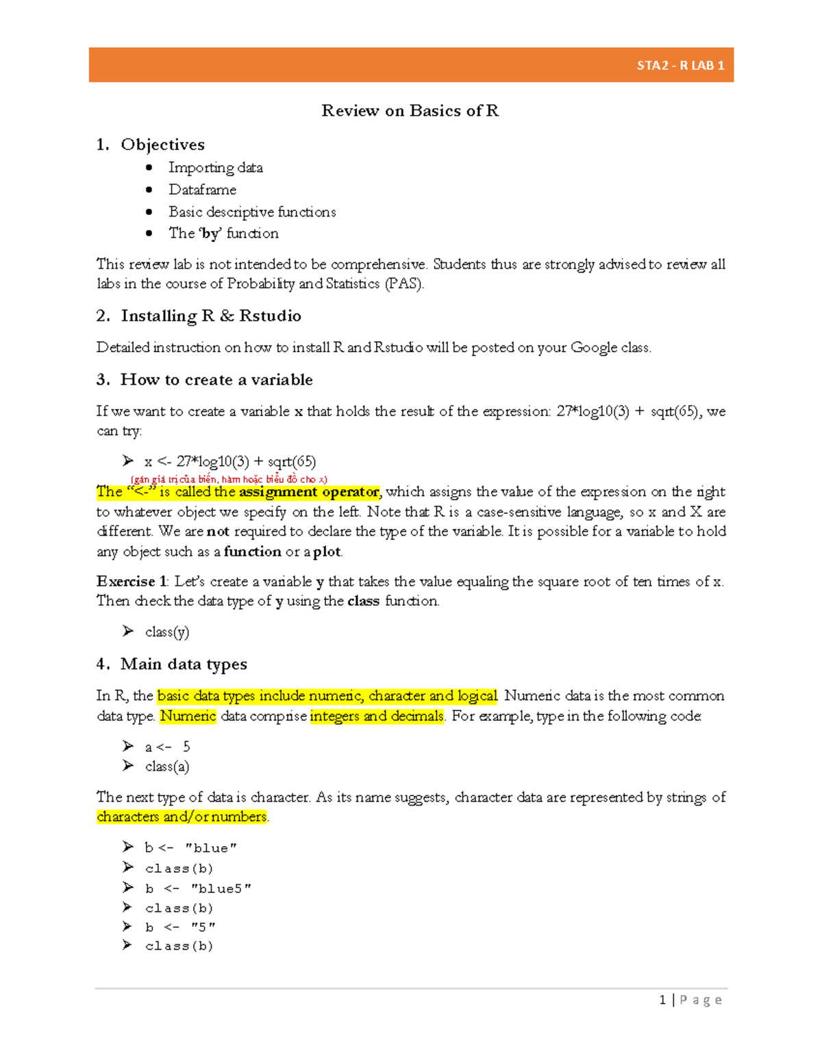 BES - R Lab 1 - Bes - Review on Basics of R 1. Objectives Importing ...