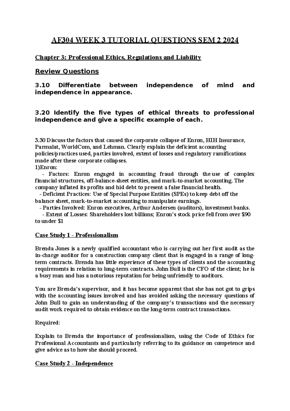 AF304 SEM 2 2024 Week 3 Tutorial Questions on Ethics & Independence ...