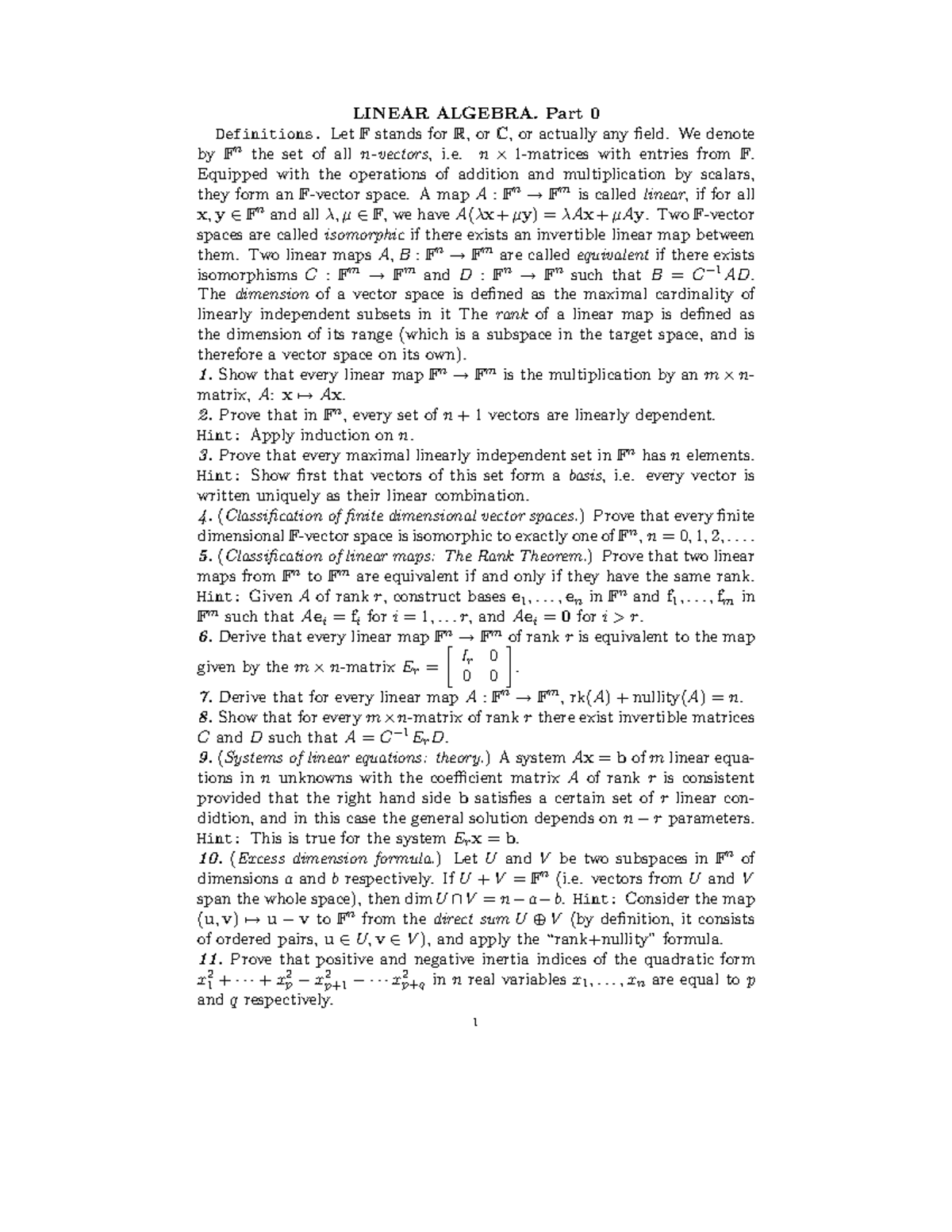 Linear Algebra Definitions & Theorems: Part 0 - Field Concepts - Studocu