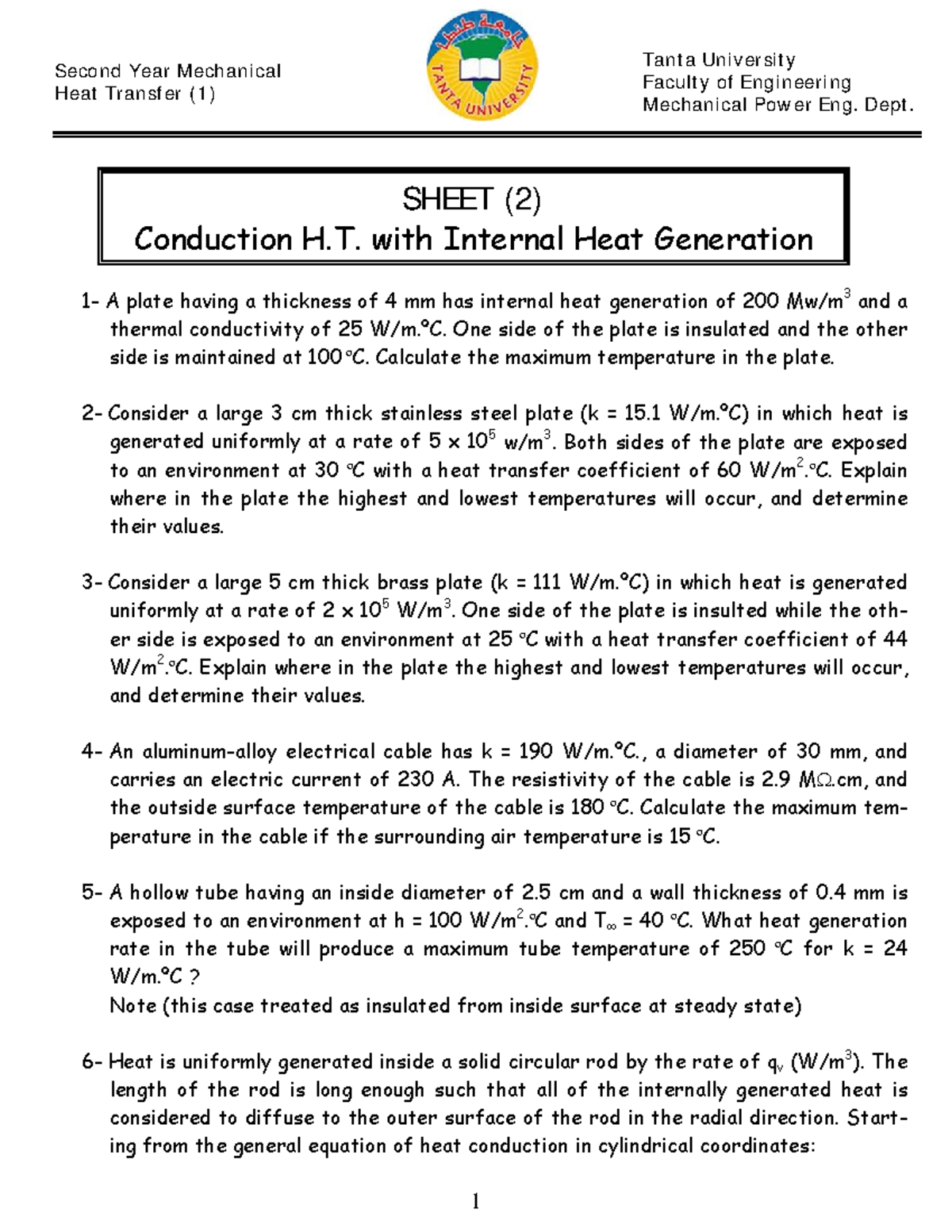 ME 202 - Conduction Heat Transfer with Internal Heat Generation Sheet ...