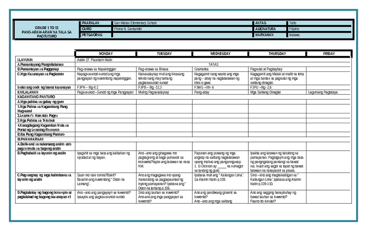 Filipino-3-DLL-Quarter-2-Week-7-Aralin-27-Pangnilalaman - Studocu