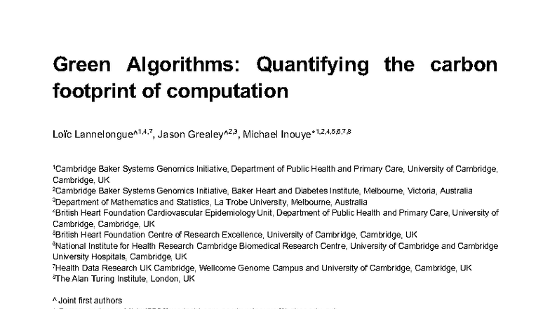 Green Algorithms: Estimating Carbon Footprint of Computation - Studocu
