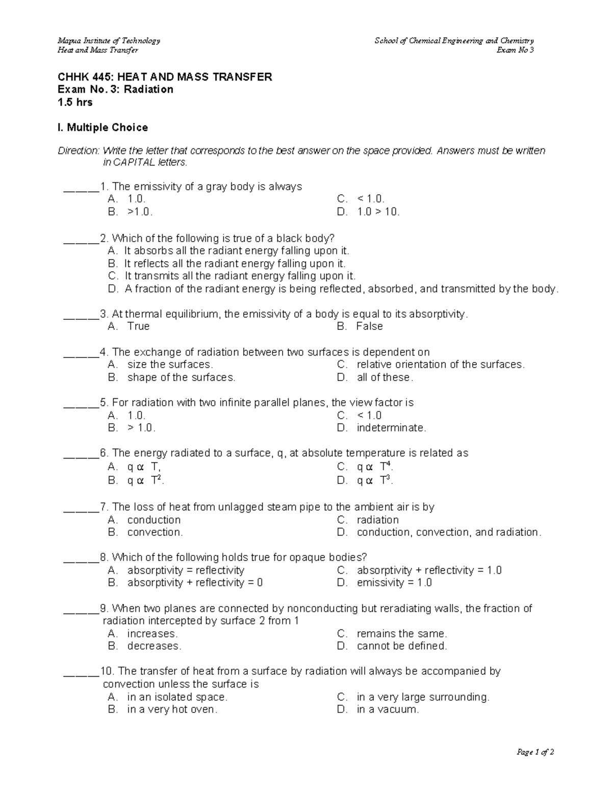 CHHK 445: Heat and Mass Transfer Exam No. 3 - Radiation Review - Studocu
