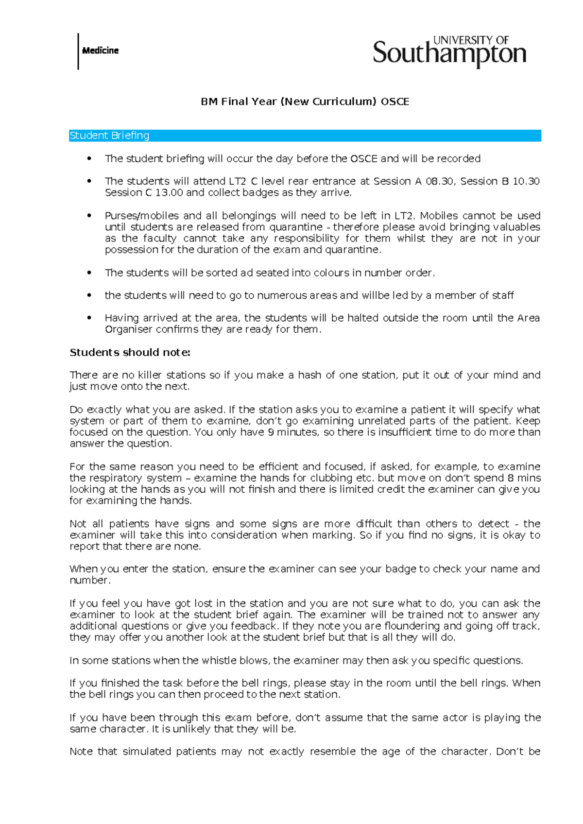 BM OSCE Final Year Student Briefing 2223: Essential Exam Info - Studocu