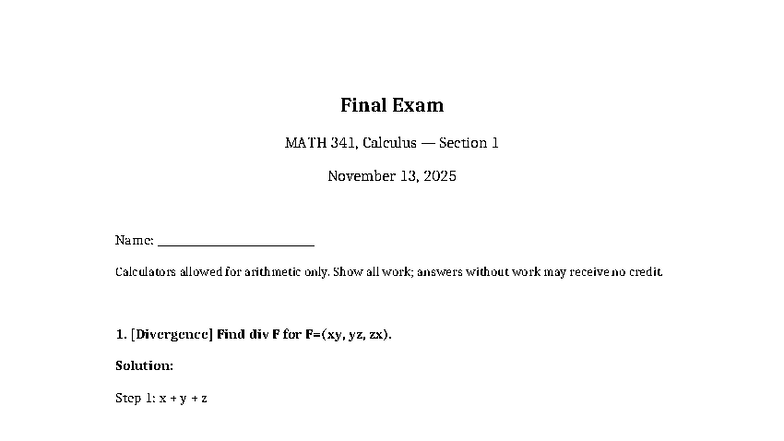 Final Exam Solutions for MATH 341, Calculus Section 1 - Studocu