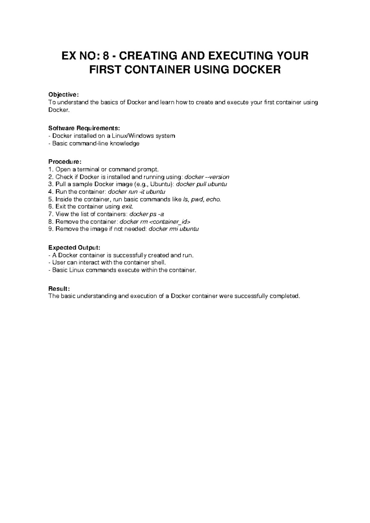 EX NO: 8 - Creating and Running Your First Docker Container - Studocu