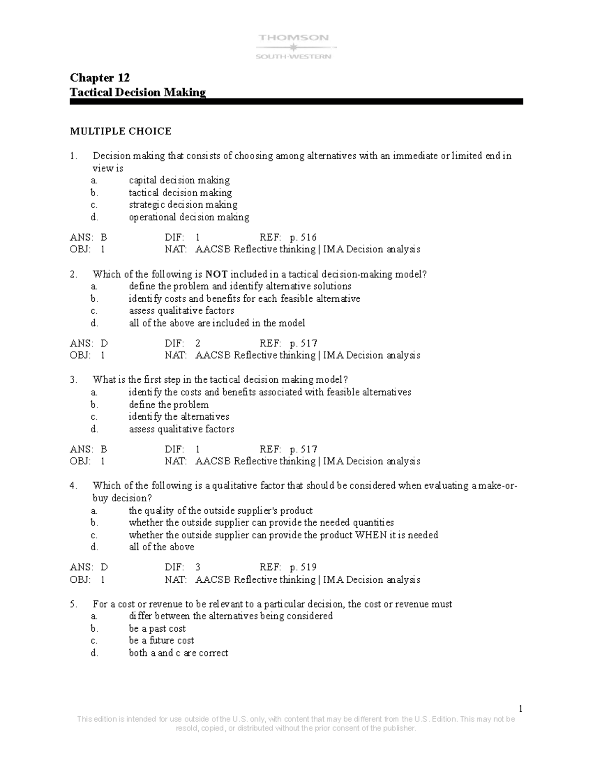 Chapter 12: Tactical Decision Making Exam Questions & Answers - Studocu