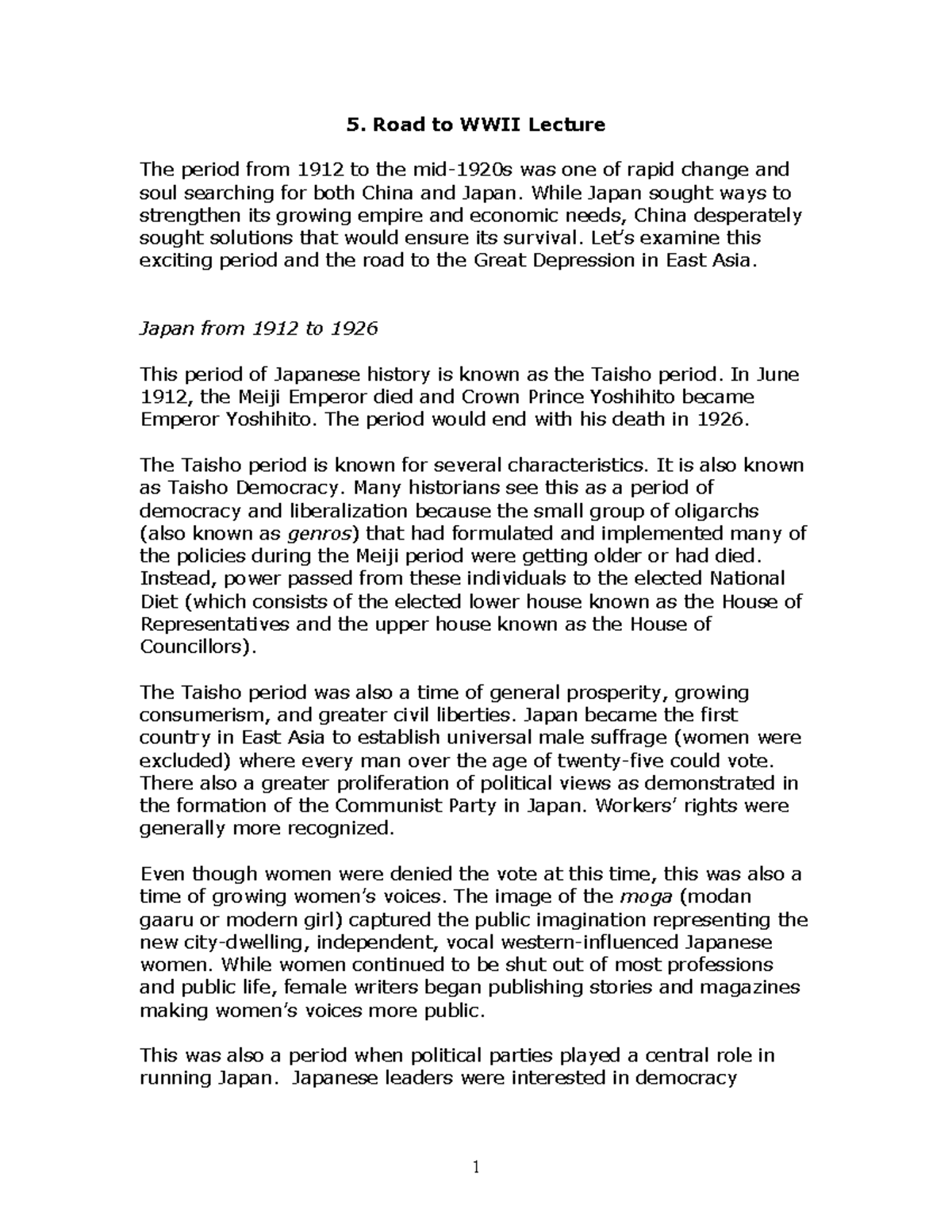 5. Road to WWII Lecture Notes: Japan and China in the 1910s-1920s - Studocu