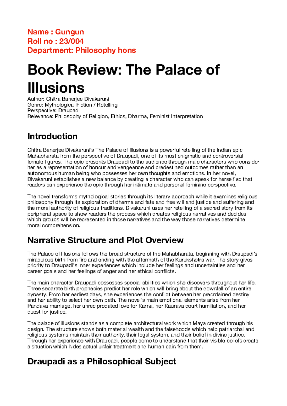 Book Review: The Palace of Illusions (PHIL 101) - A Feminist ...