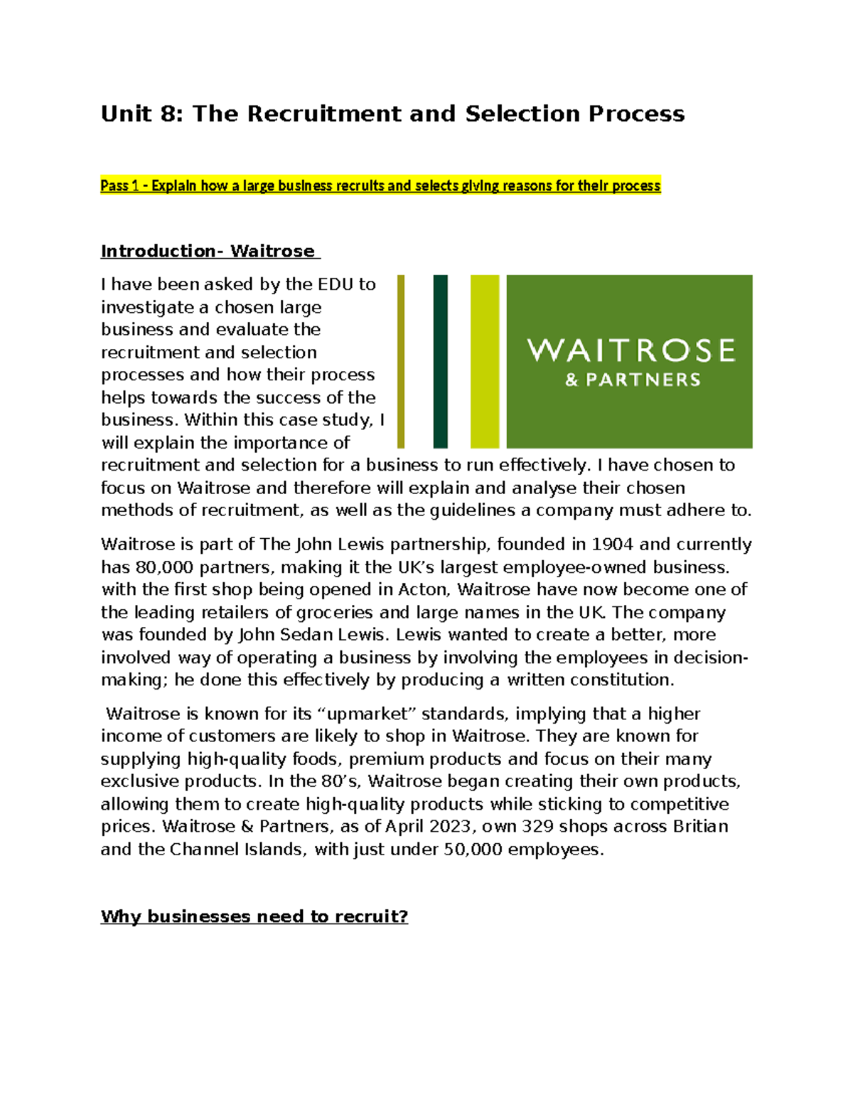 Unit 8 Case Study: Recruitment & Selection Process at Waitrose - Studocu