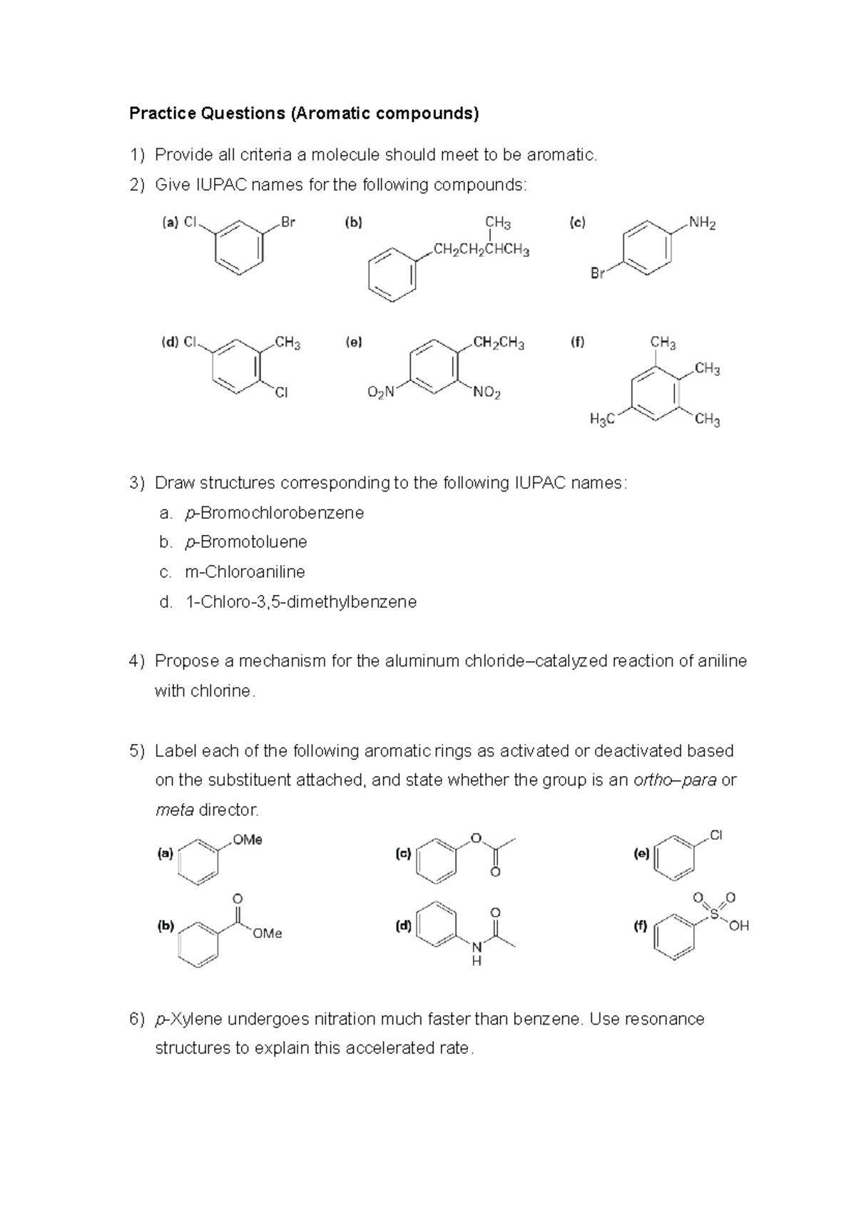 Practice Questions: Aromatic Compounds (CHEM 101) - Studocu