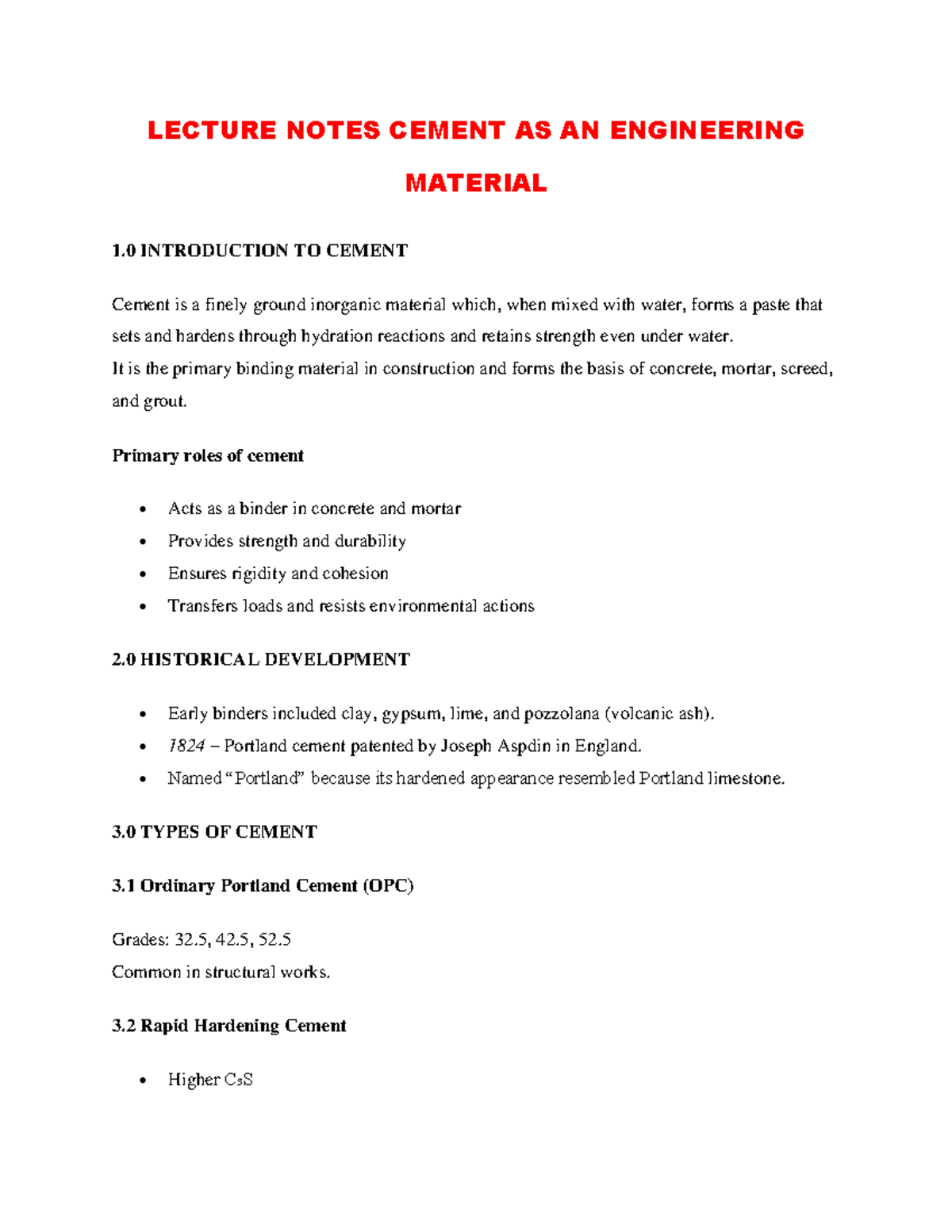 LECTURE NOTES ON ENGINEERING MATERIALS: CEMENT, STONE & STEEL - Studocu