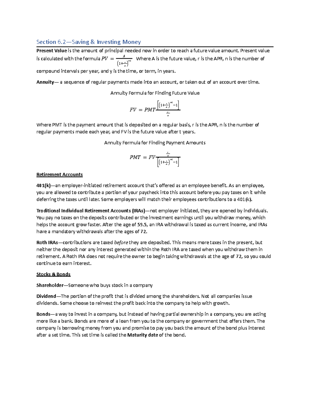Section 6.2 Guided Notes: Saving & Investing Money Concepts and ...