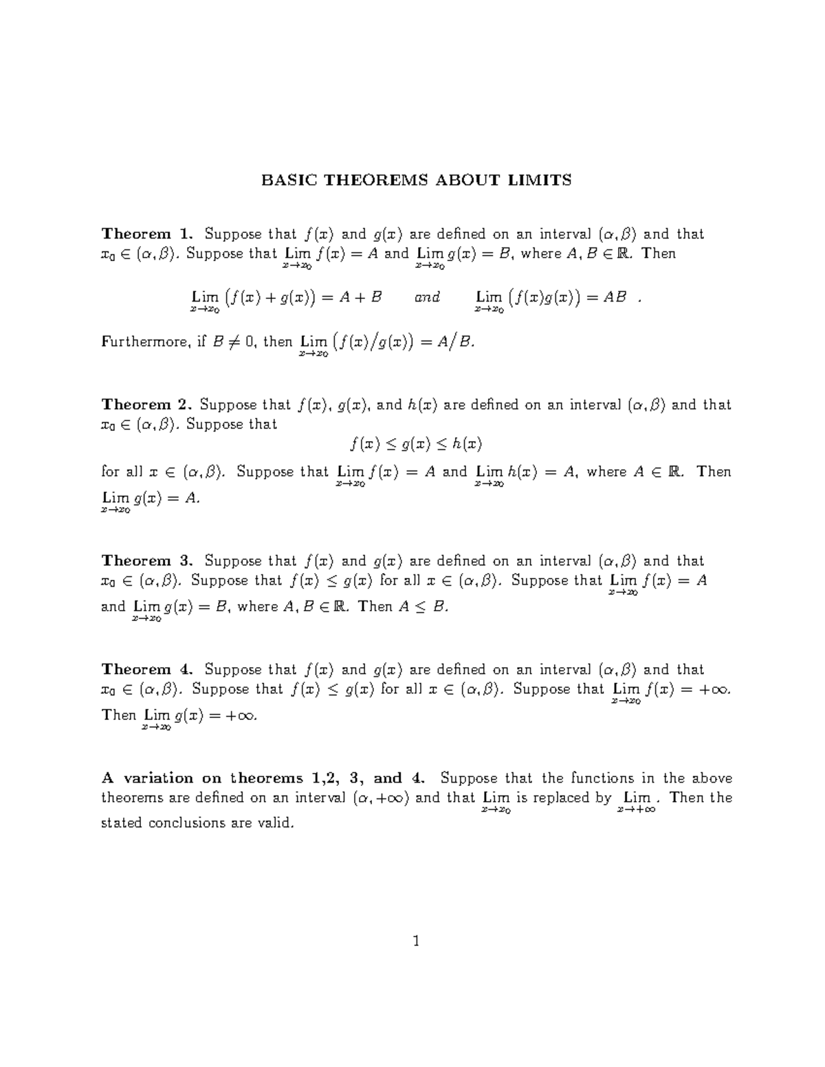 Math327 Limit Theorems Basic Theorems About Limits Theorem 1 Suppose That F X And Gx Are