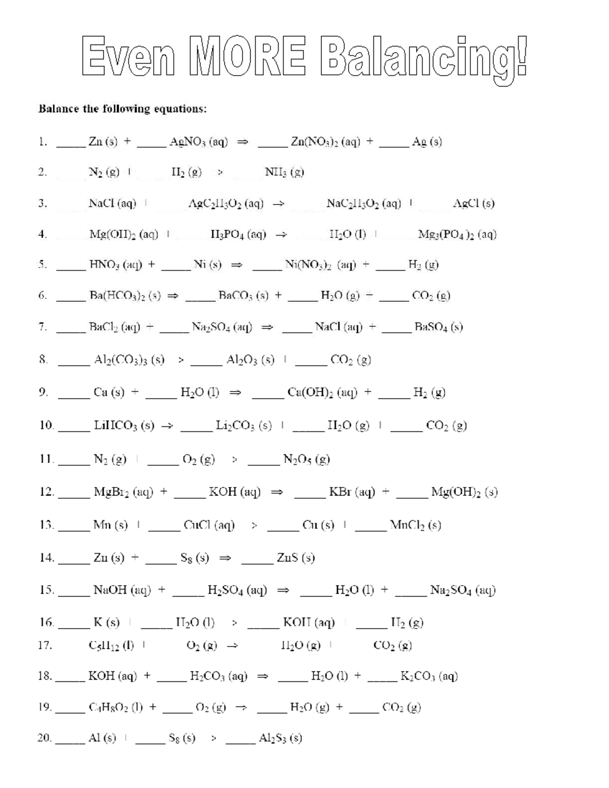 Balancing Practice 2: Chemical Equations Review for Chemistry 101 - Studocu