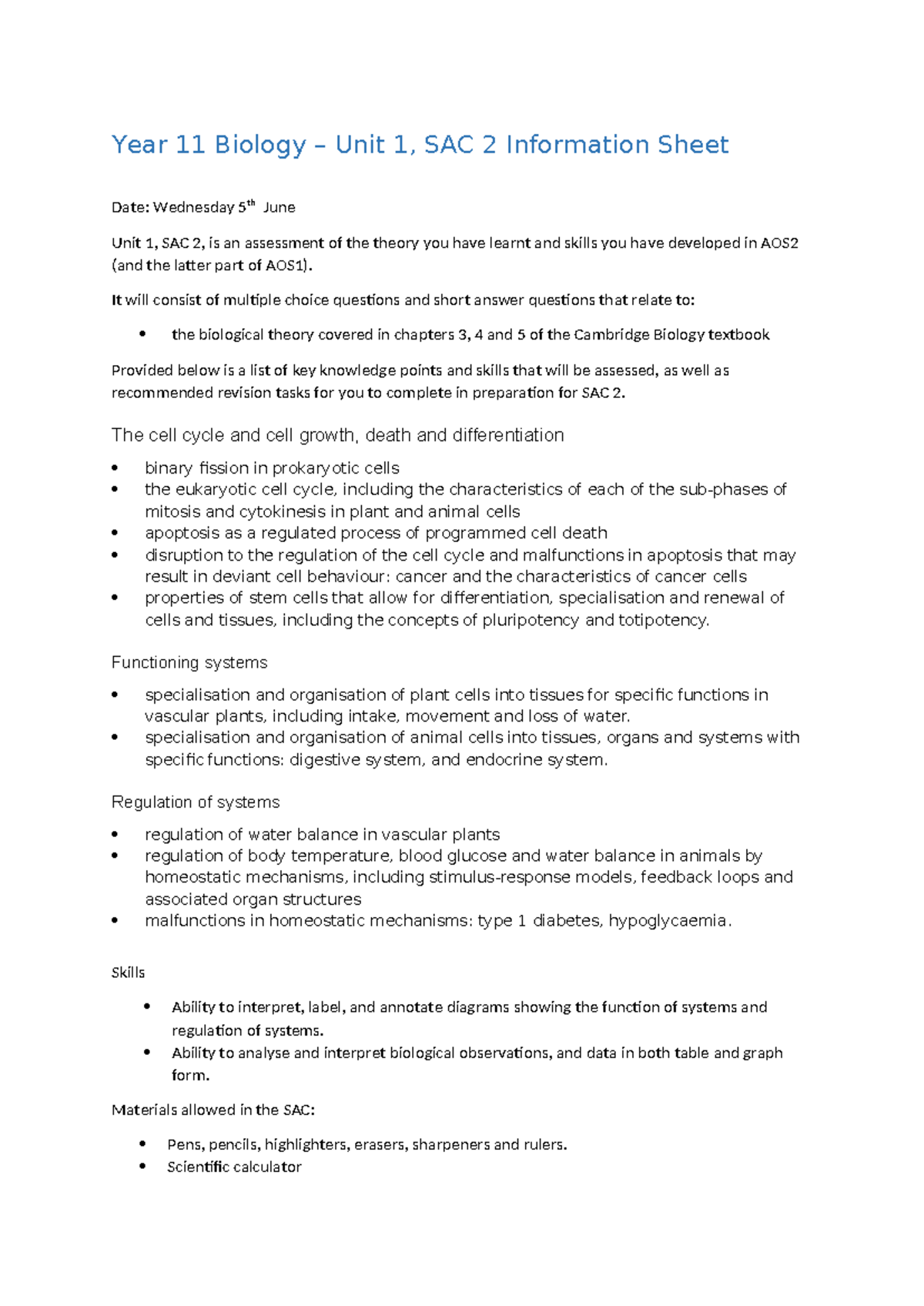 Year 11 Biology - SAC 2 Revision & Info for 2024 Assessment - Studocu