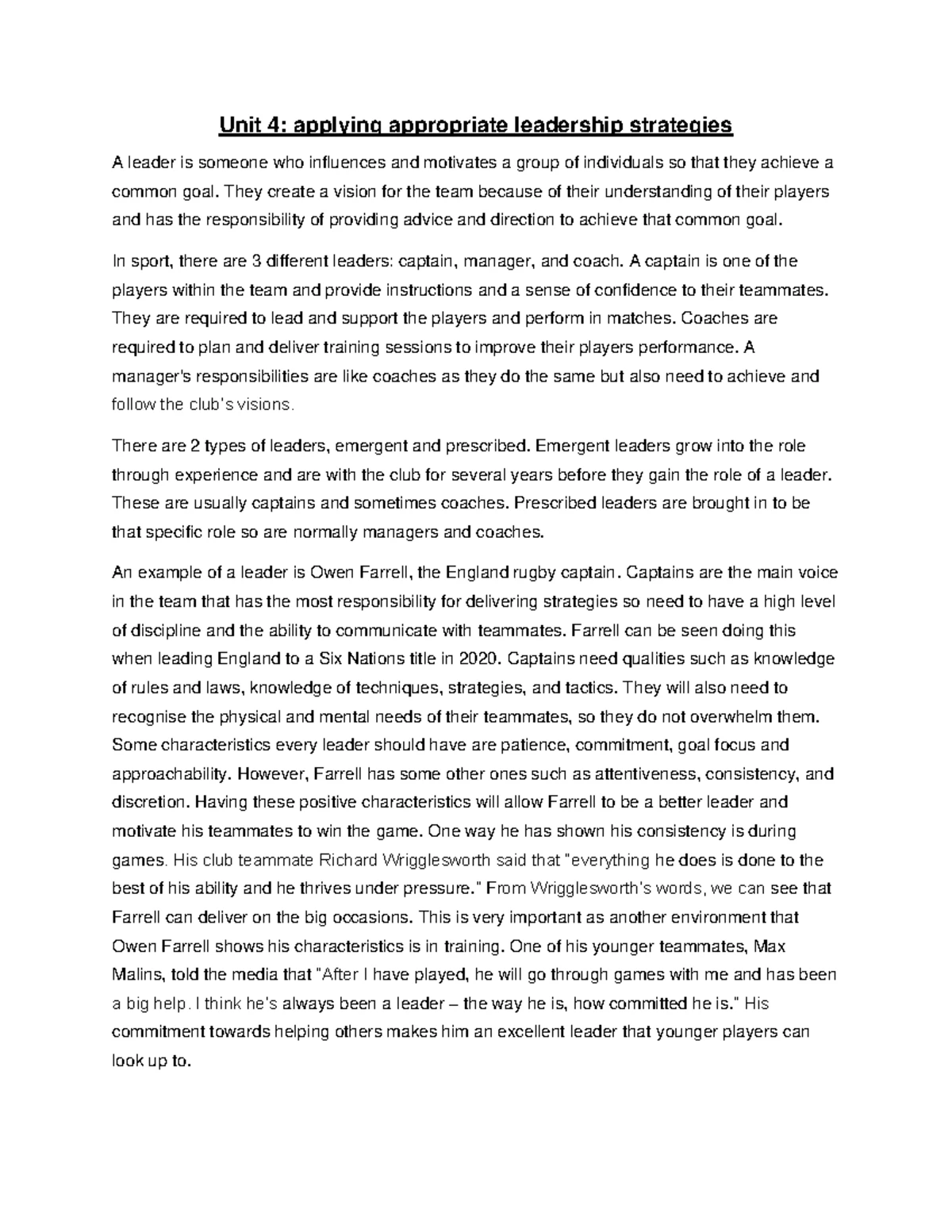 Unit 4 Assignment 1 - Leadership Analysis in Sports Management (BTEC ...