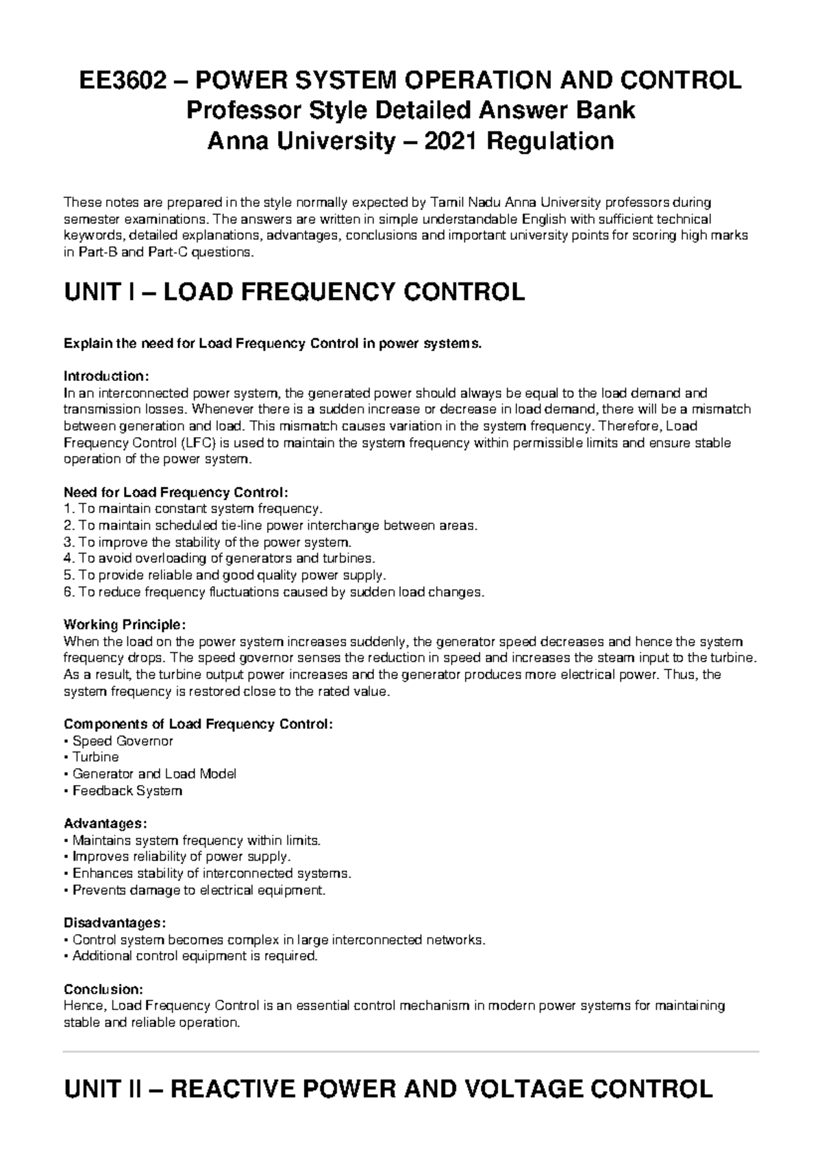 EE3602 Power System Operation & Control: Detailed Answer Bank - Studocu