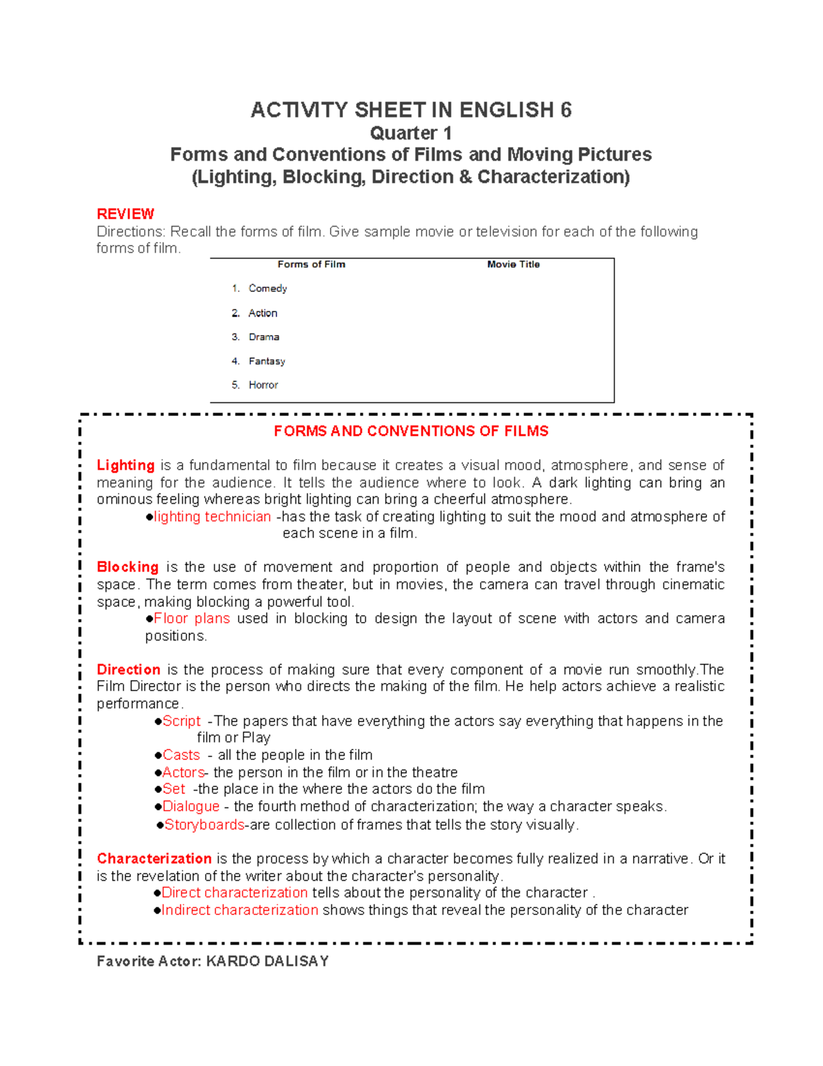 Film Blocking, Lighting & Direction: Activity Sheet for ENG 6 - Studocu