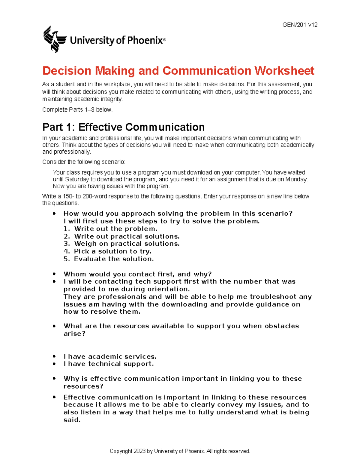 GEN/201 Week 3 Decision Making & Communication Worksheet - Studocu