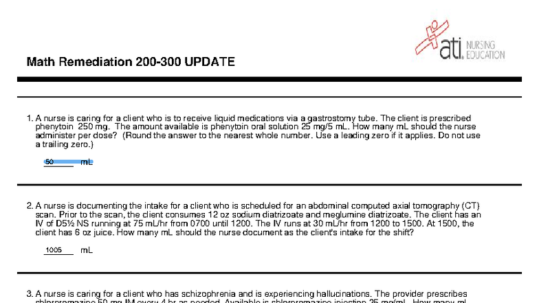 Math Remediation Update: 204-341 ATI Quiz Solutions - Studocu