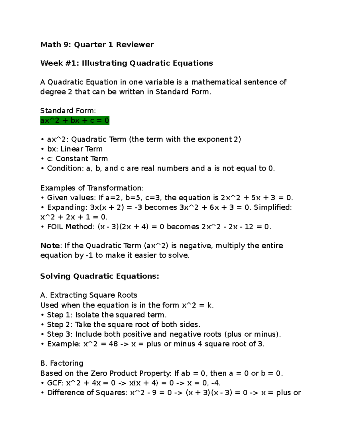 Math 9: Q1 Reviewer on Quadratic Equations and Functions - Studocu