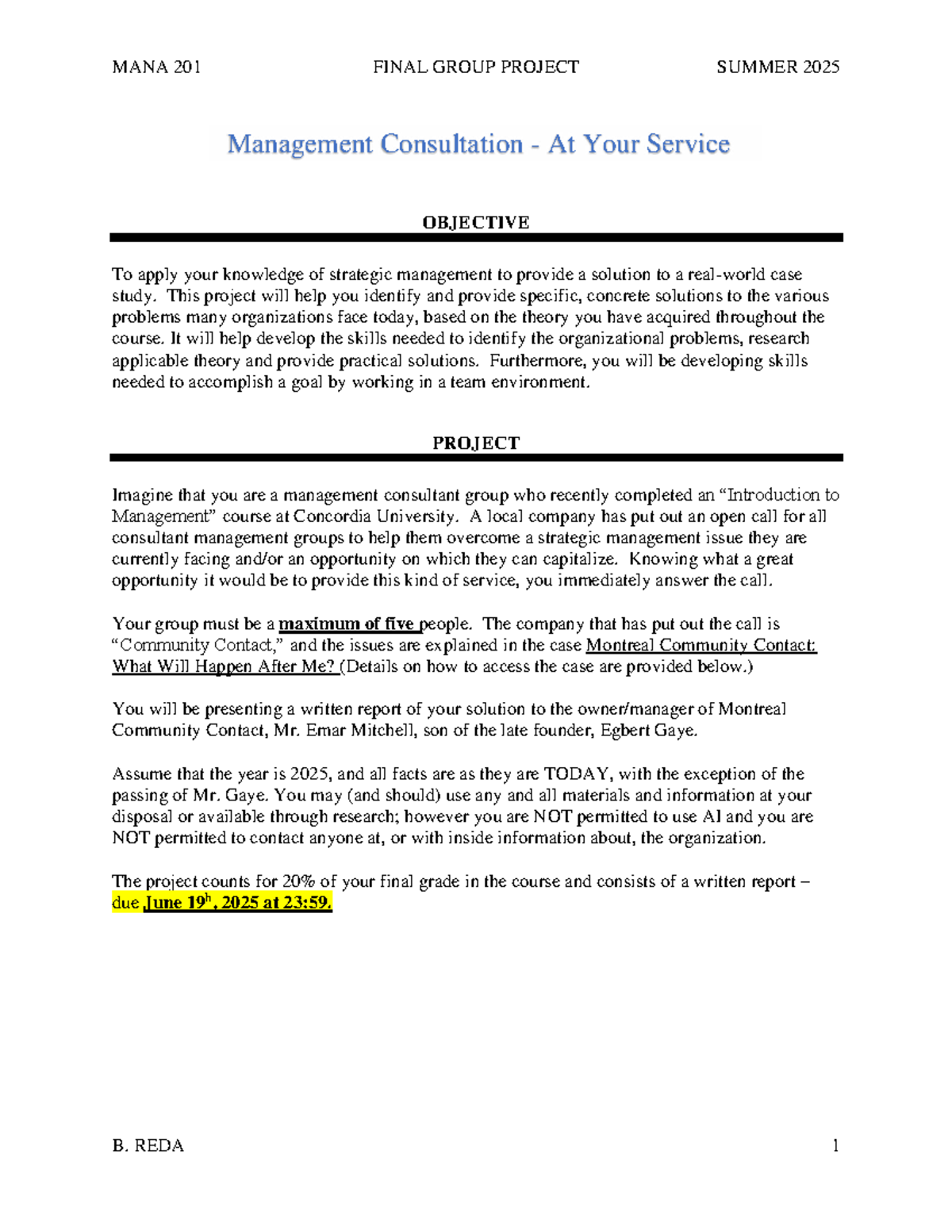 MANA 201 S25 Final Group Project Guide: Strategic Management Solutions ...