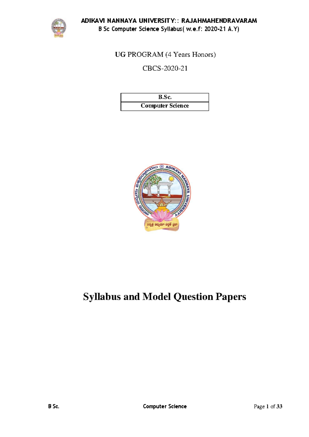 B.Sc. Computer Science Syllabus (w.e.f: A.Y) - ADIKAVI NANNAYA UNIVERSITY - Studocu