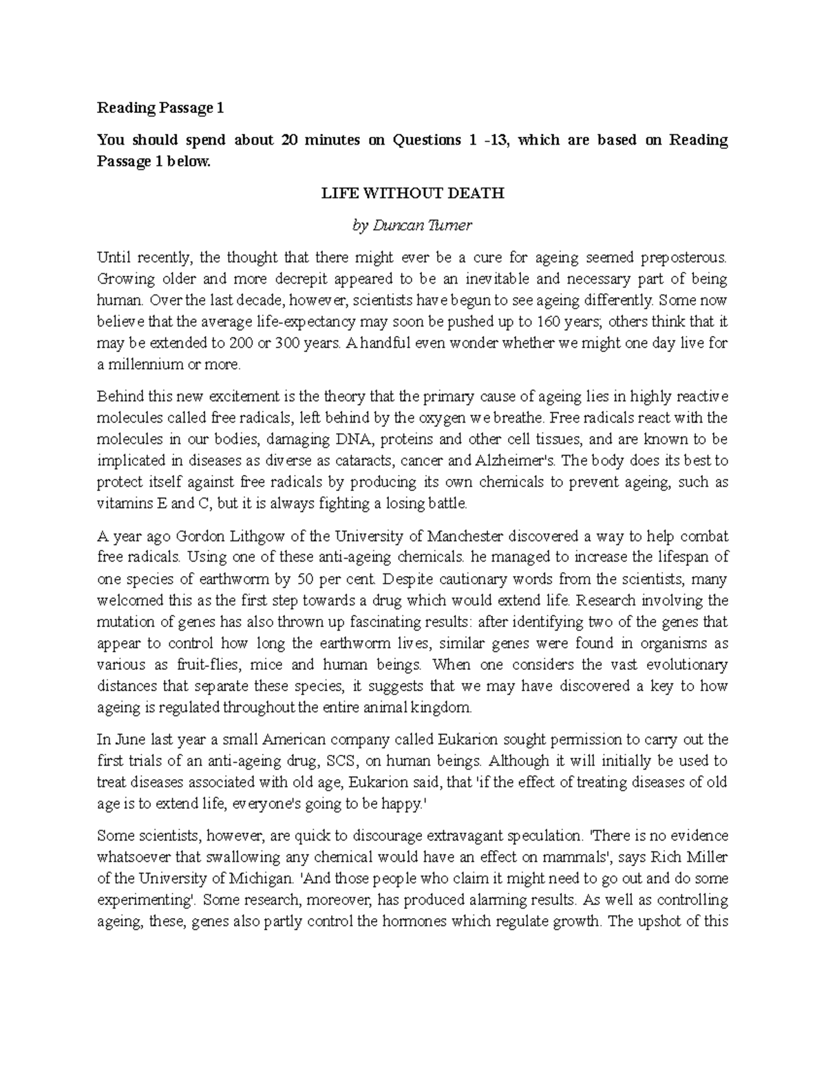 Reading Passage 1: Life Without Death - Insights on Ageing and ...