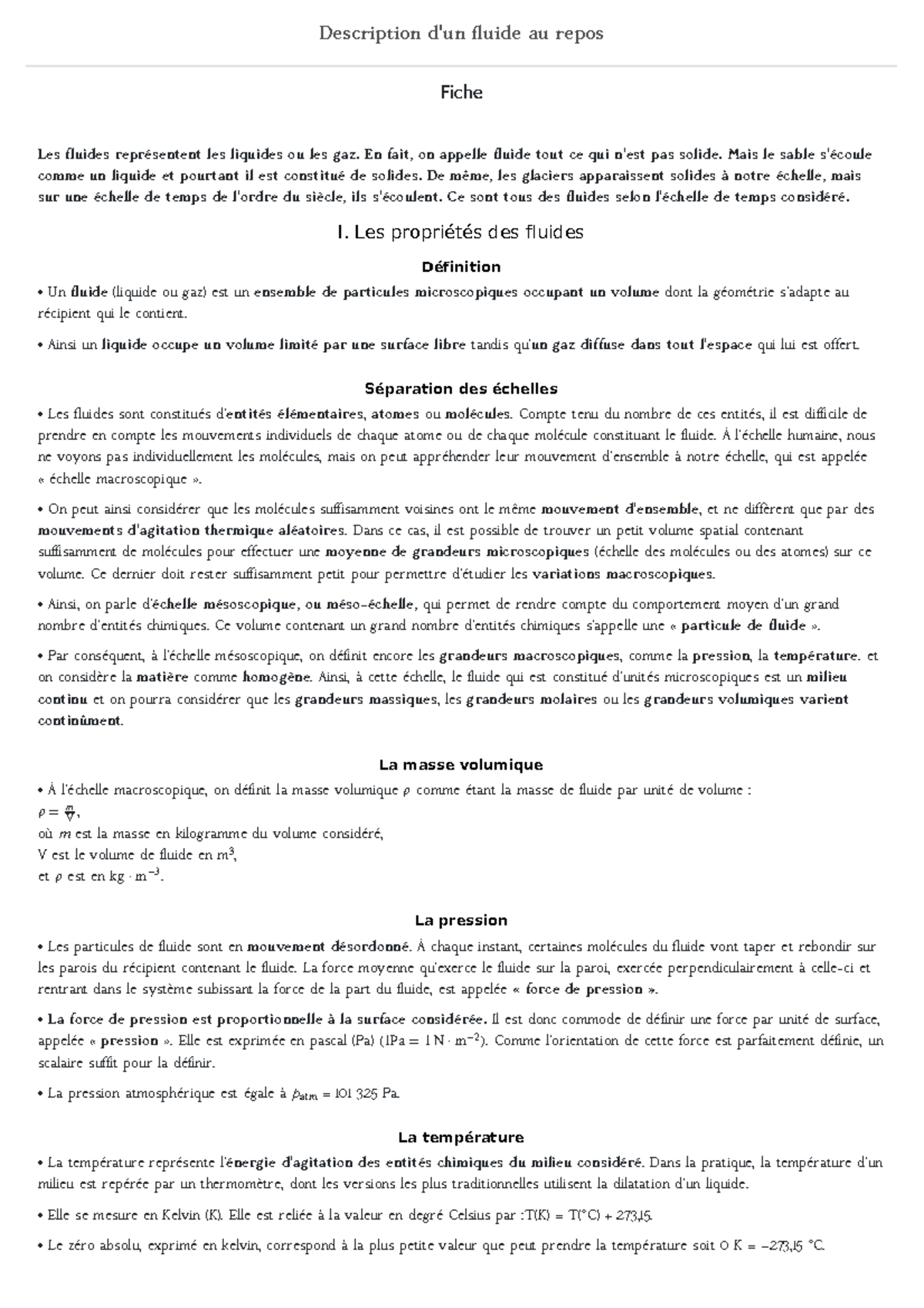 1re Physique-Chimie : Description d'un Fluide au Repos - Fiche de Cours ...
