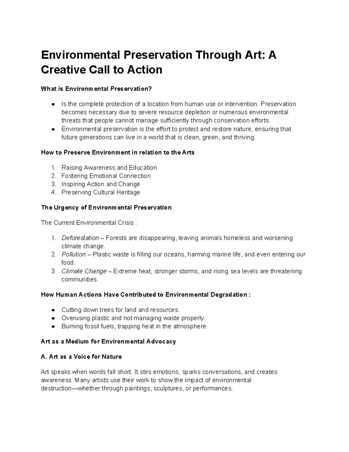 G1-Environmental Preservation: Art as a Catalyst for Change - Studocu