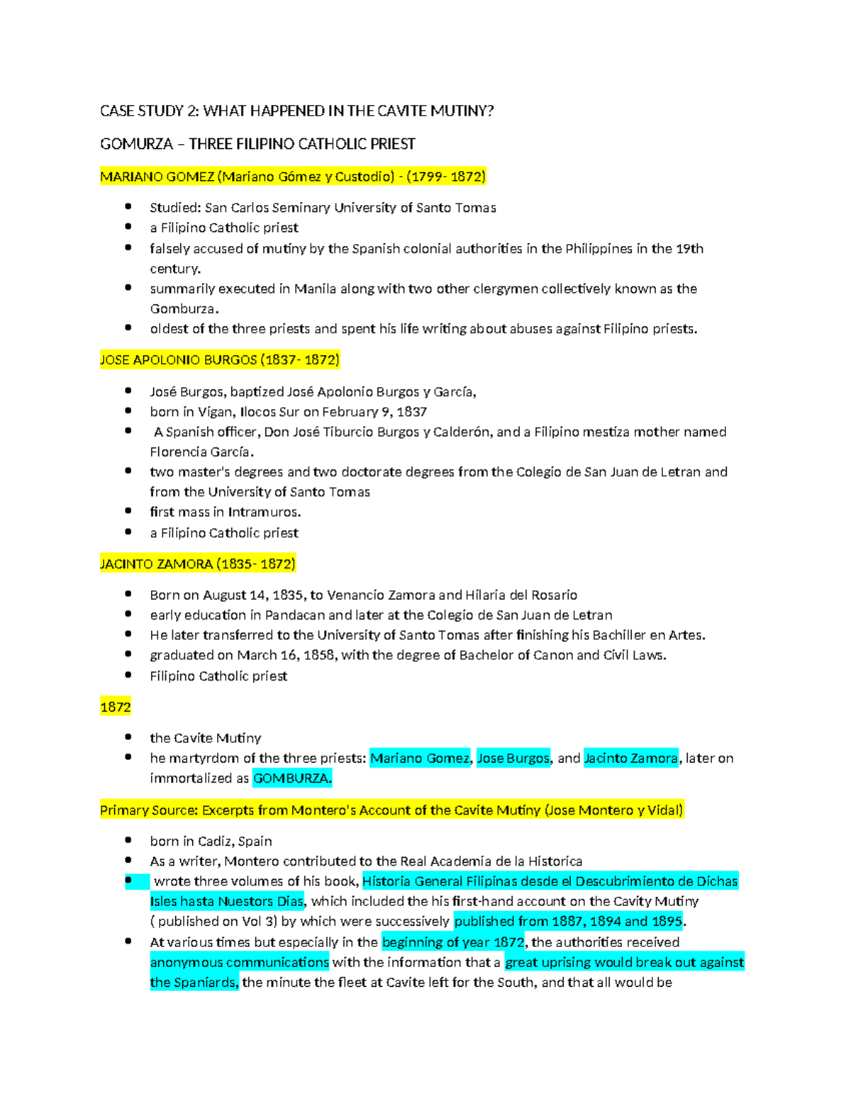 RPH - CASE STUDY: The Cavite Mutiny and the GOMBURZA Martyrs - Studocu