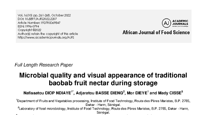 Microbial Quality and Visual Stability of Baobab Fruit Nectar (AFS 2022 ...
