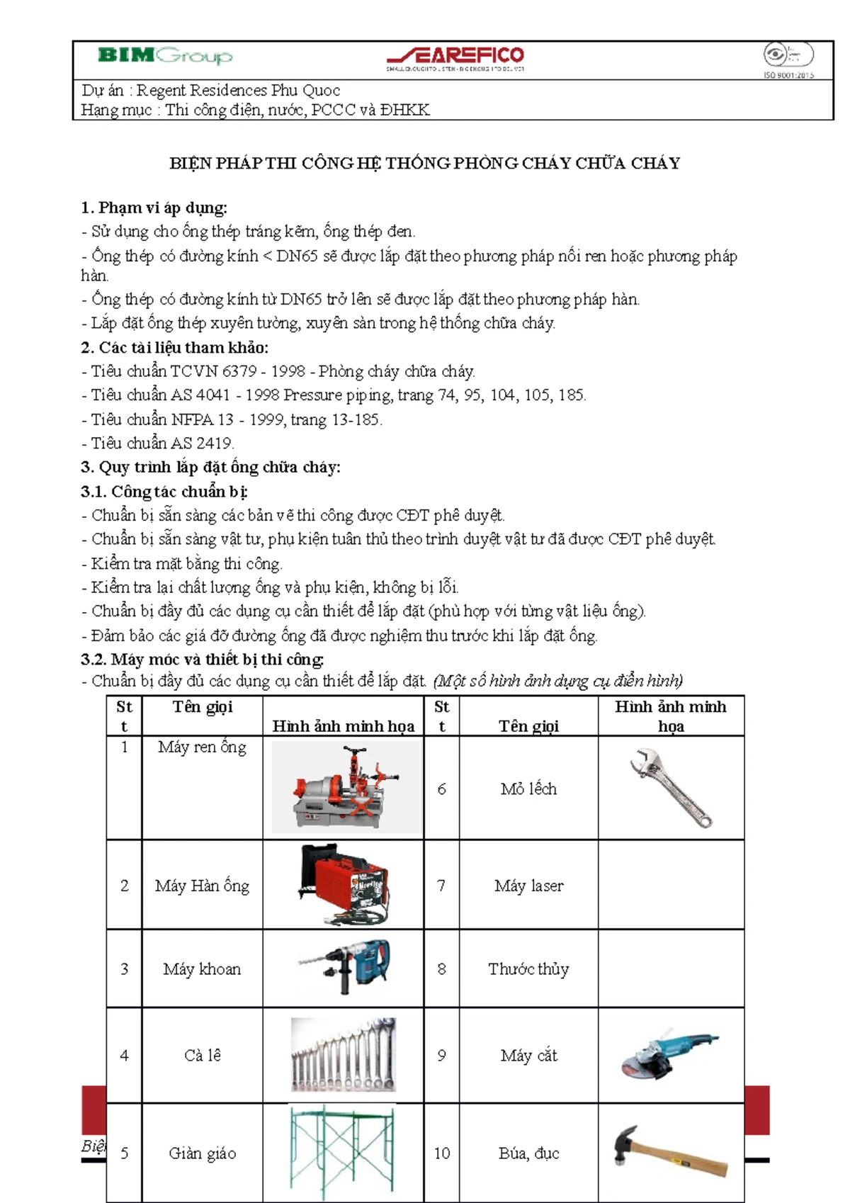 BPTC Lắp đặt ống chữa cháy - Hạng mục : Thi công điện, nước, PCCC và ...