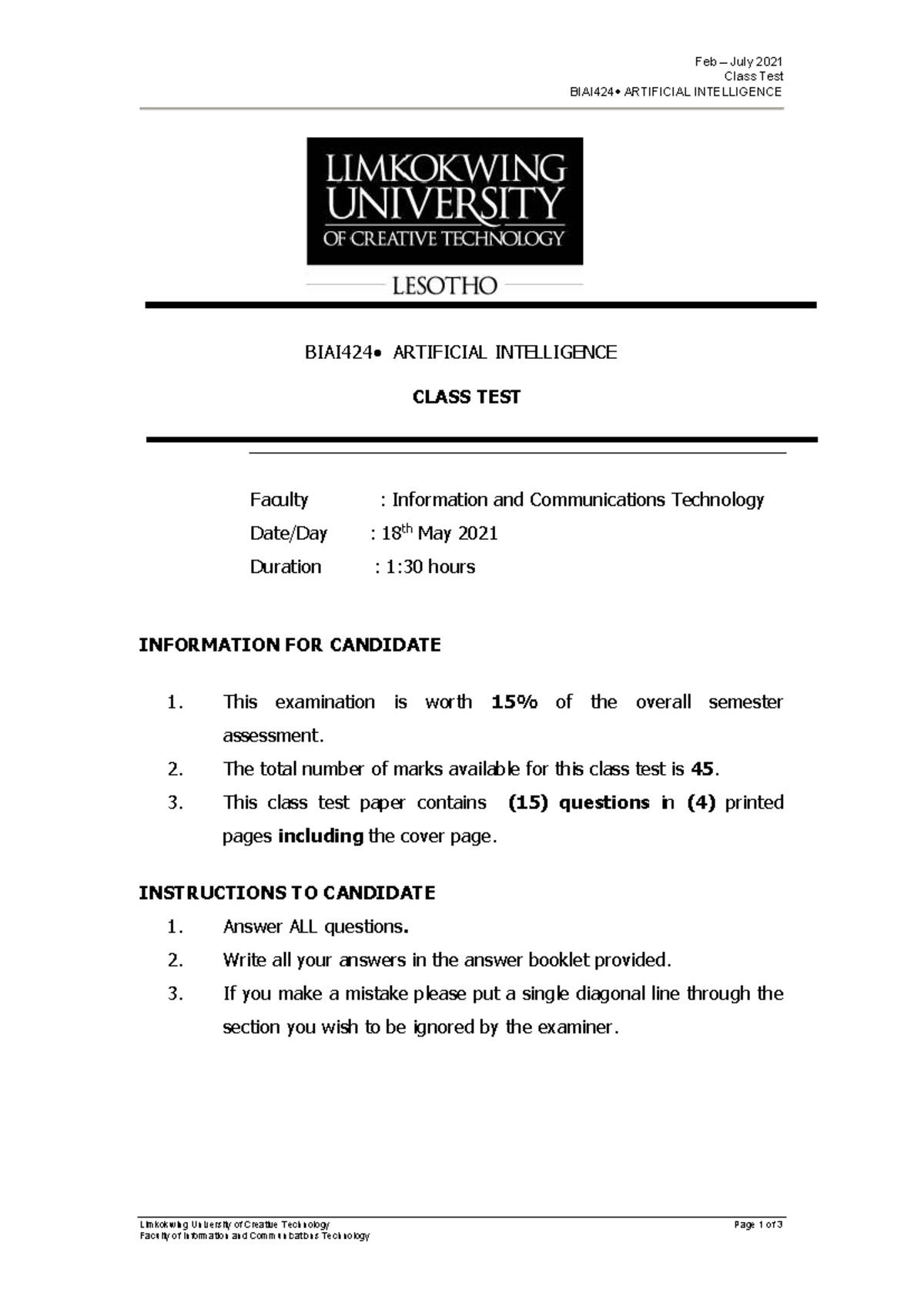 BIT3283 Artificial Intelligence Class Test - Feb July 2021 - Studocu