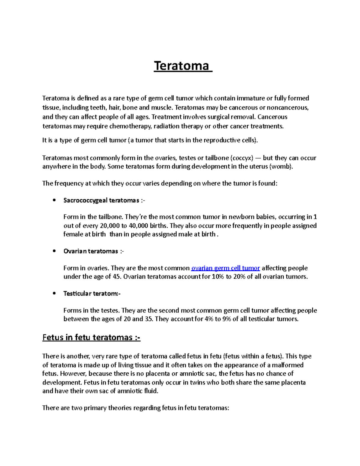 Teratomas: Understanding Classification, Symptoms, and Treatment - Studocu