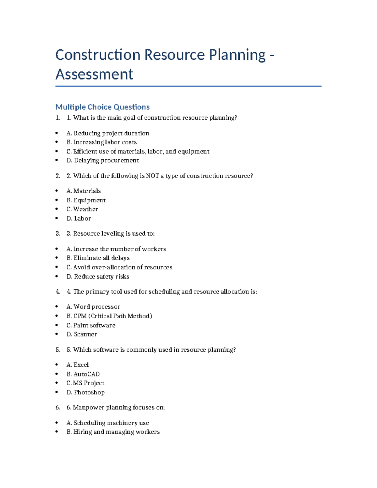 Construction Resource Planning Assessment MCQs and Short Answer ...