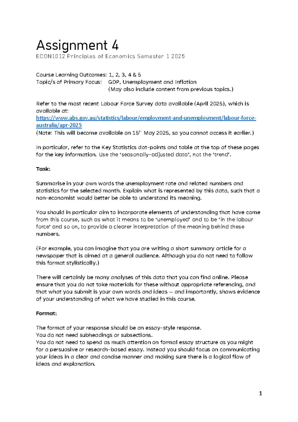 Assignment 4: ECON1012 Principles of Economics - GDP, Unemployment & Inflation - Studocu