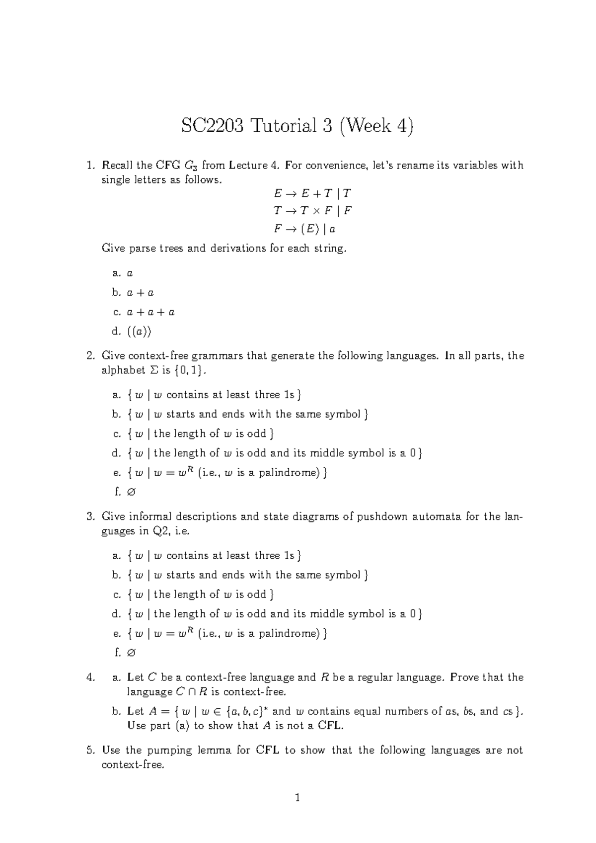 SC2203 Tutorial 3: CFGs, Grammars, and Pushdown Automata - Studocu