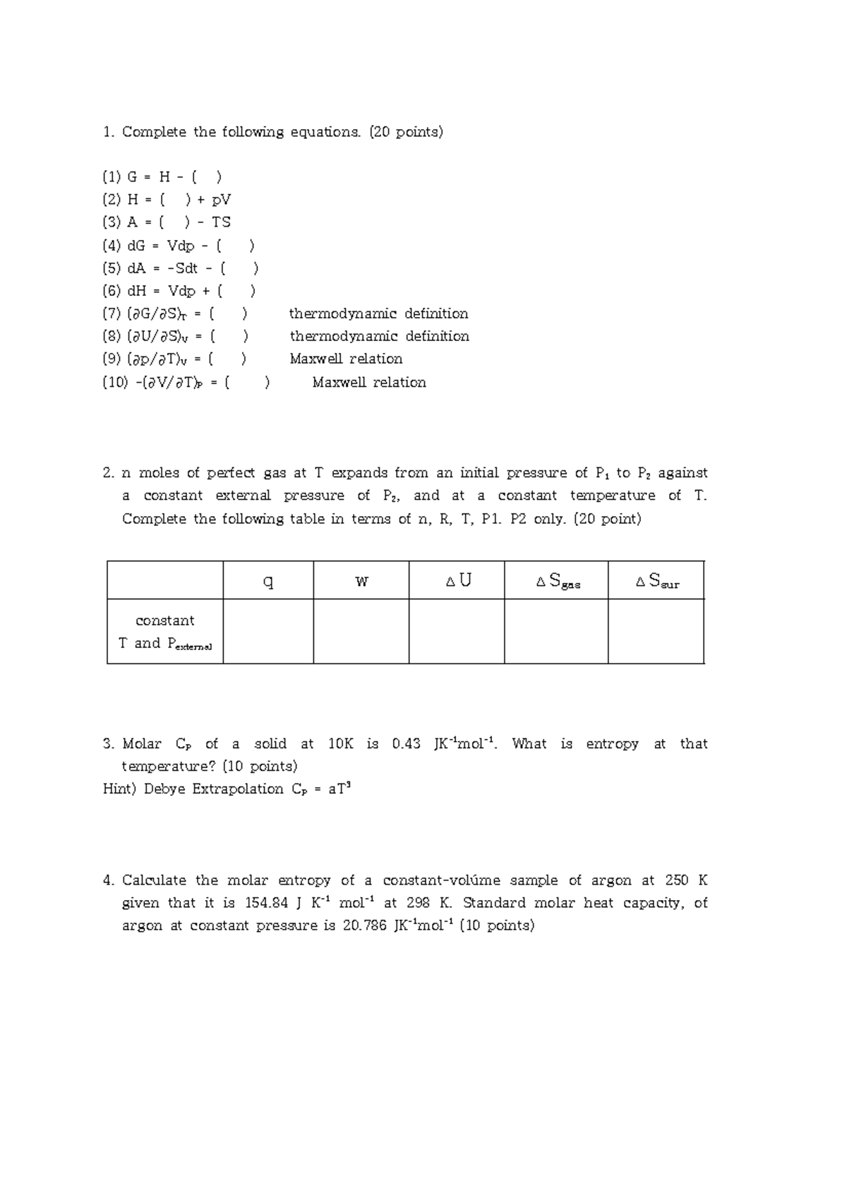 Thermodynamics Test: Equations, Entropy, and Gas Laws (20 pts) - Studocu