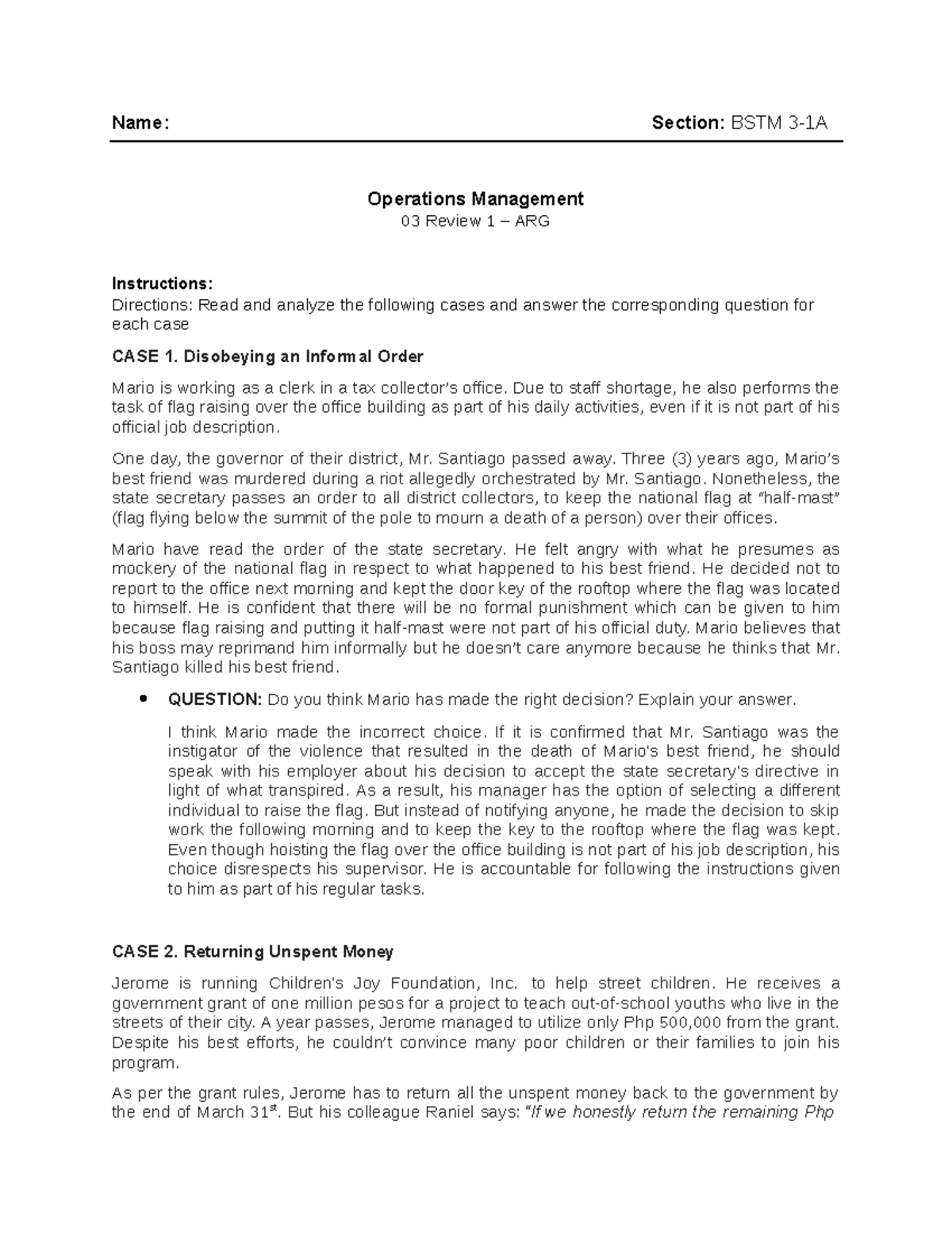 03 Review 1 - Case Study in Operations Management (BSTM 3-1A) - Studocu