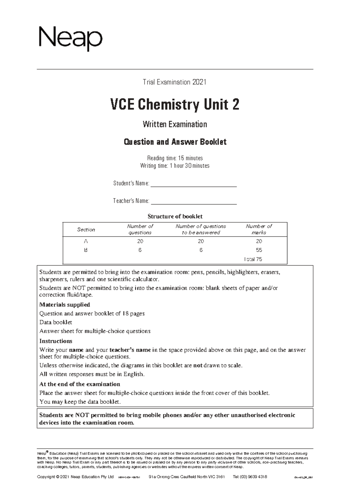 VCE Chemistry Unit 2 Trial Examination 2021: Question & Answer Booklet ...